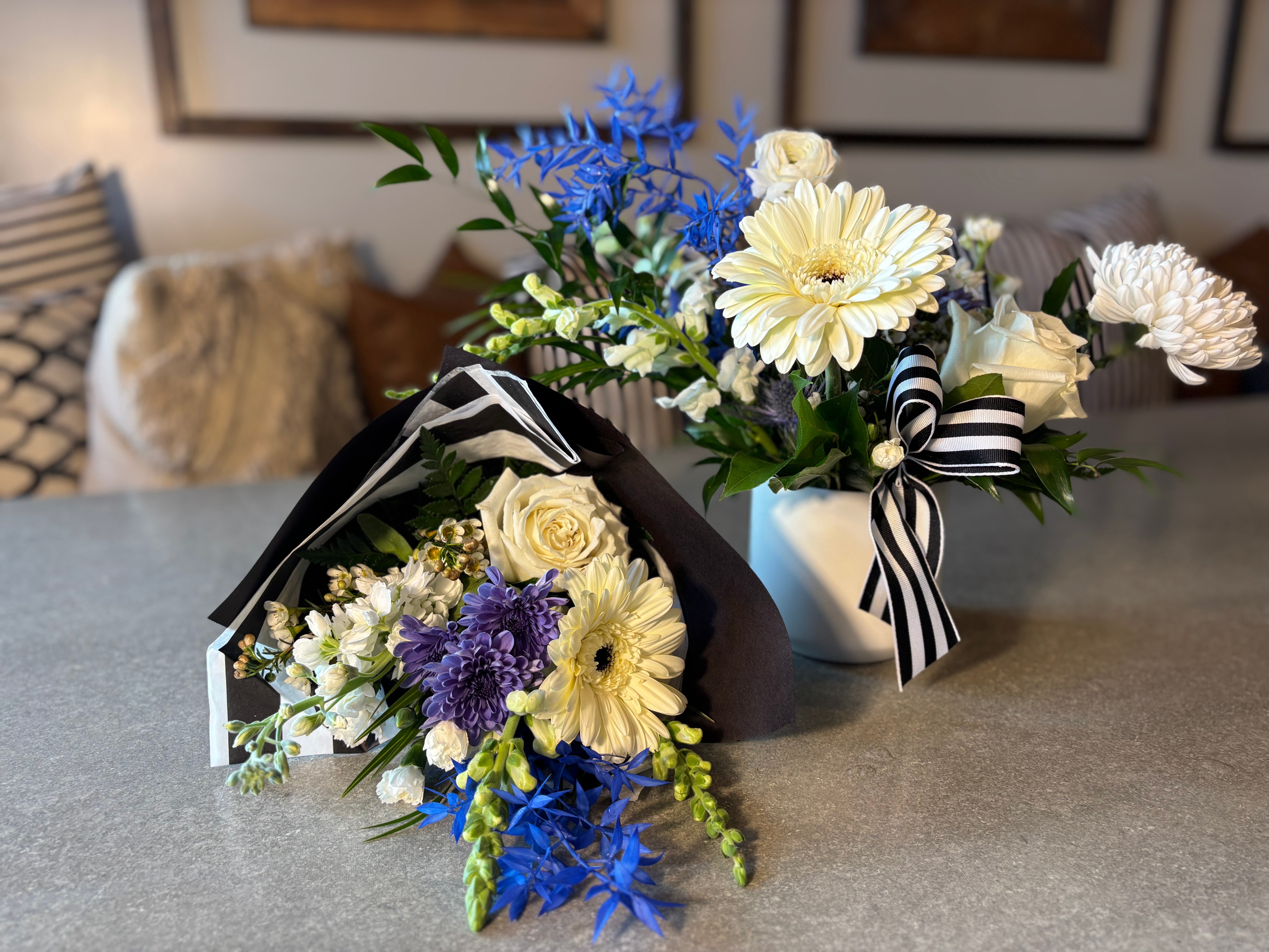 Graduation Vased Design: Blue and White – LeFleur Floral Design ...